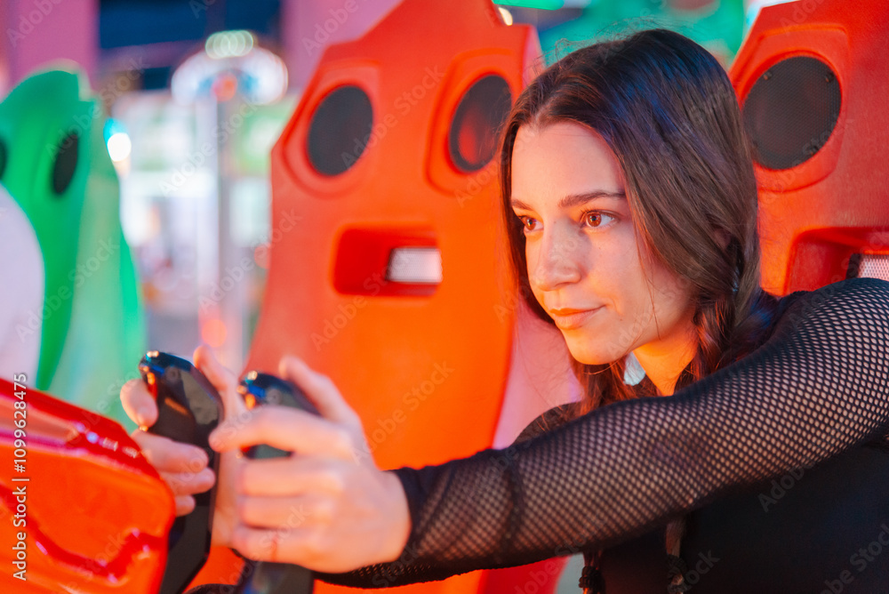 Immersive gaming experience with girl at arcade machine Stock Photo ...