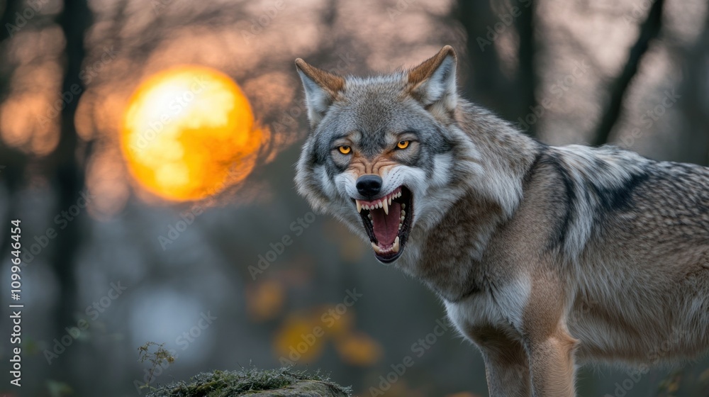 The gray wolf bared its long fangs and growled under the light of the ...