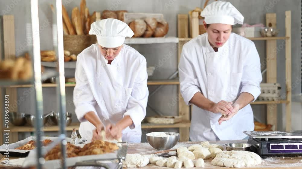 Cook and student work in production room of bakery, preparing dough ...