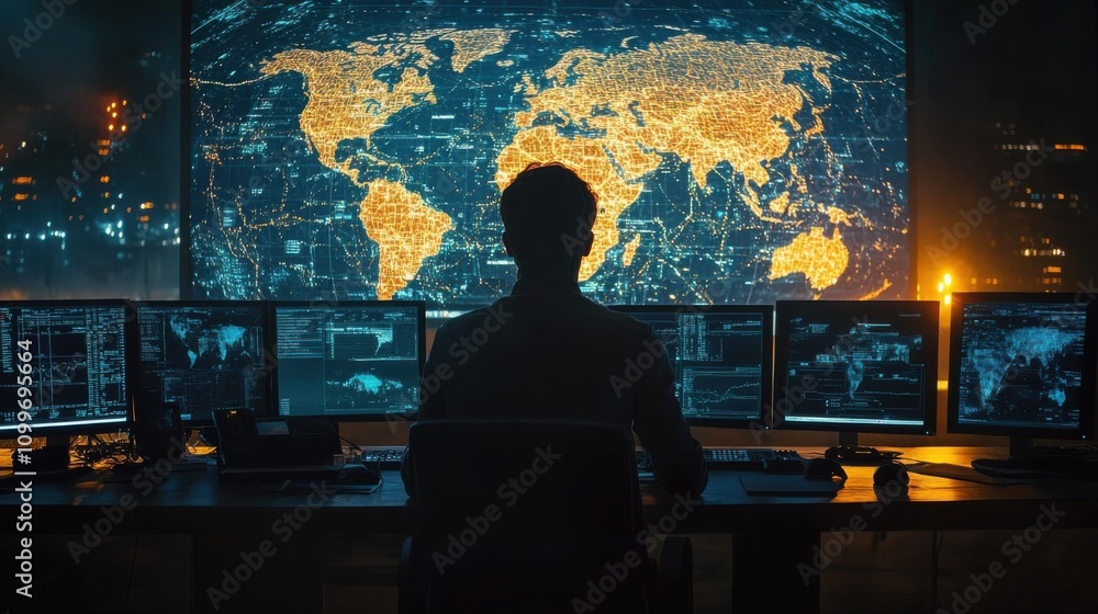 Man working in command center with glowing digital world map on multiple monitors, global data ...