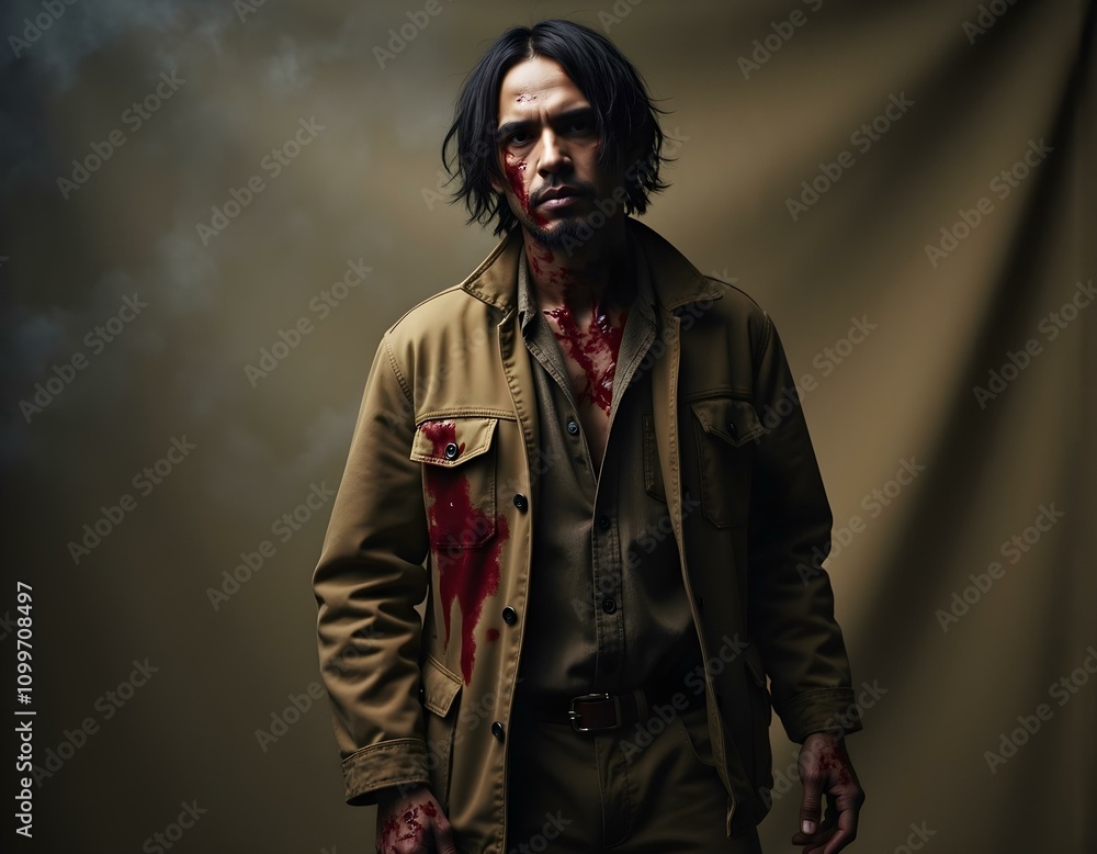 Zombie apocalypse. Angry bloody zombie man against a gloomy dirty ...