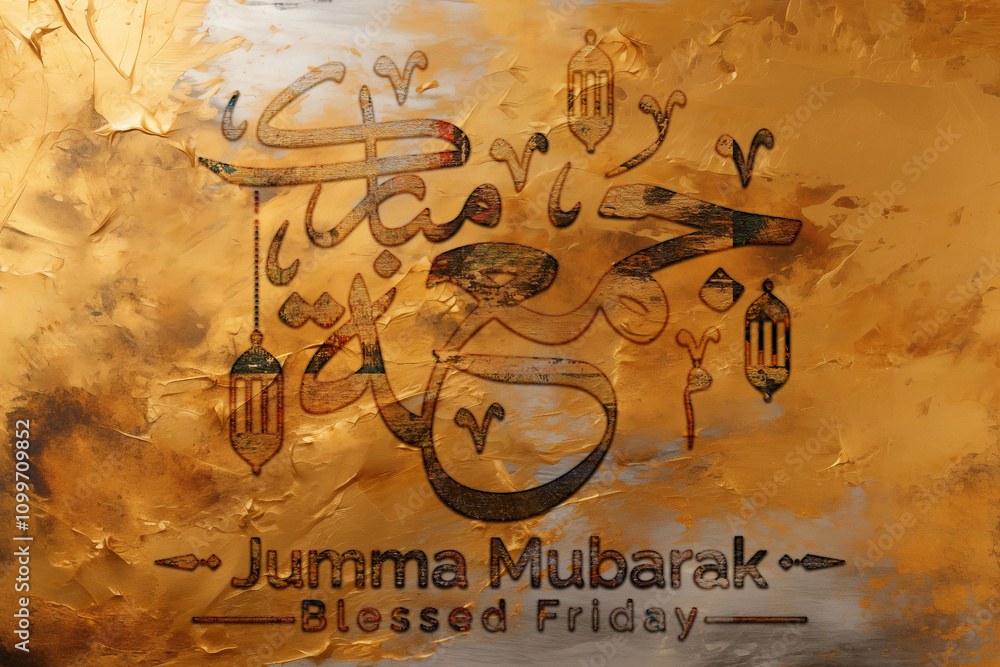 3D Jumma Mubarak calligraphy in Gold on a Golden background ...