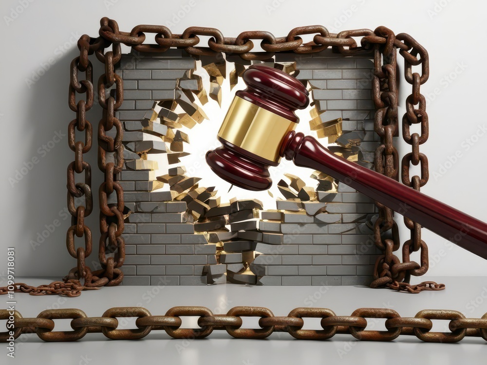 Law restriction and reform, Broken wall with gavel symbolizing justice ...