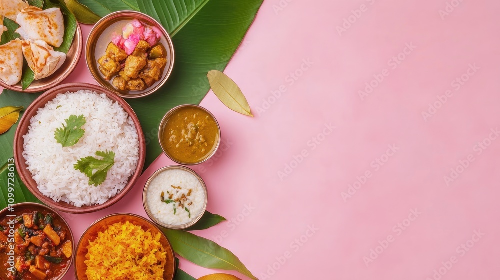 Sadhya rice served with traditional Onam dishes on a soft pink backdrop ...