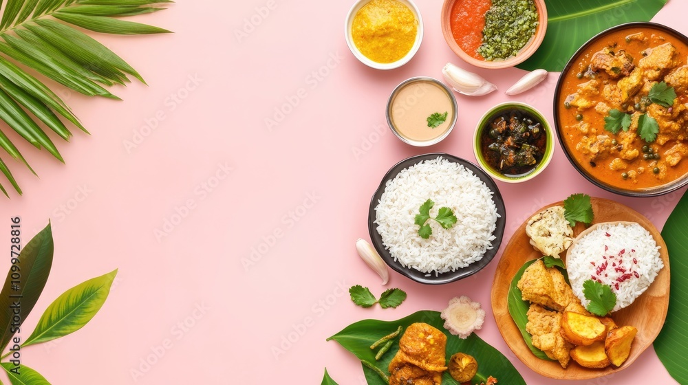 Sadhya rice served with traditional Onam dishes on a soft pink backdrop ...