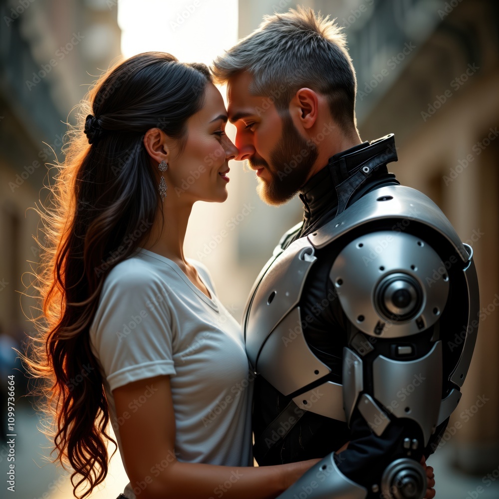 Woman and futuristic man hug passionately in city. They embrace closely ...