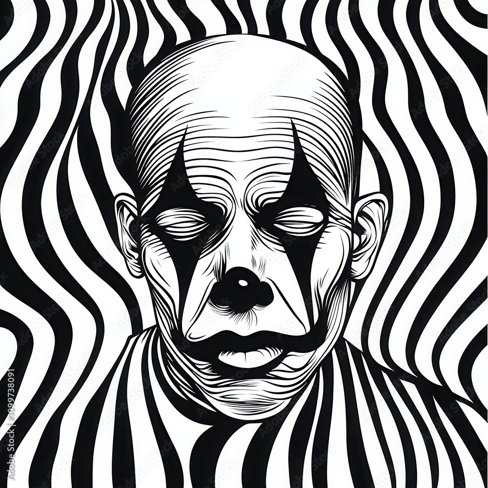 A melancholic front view of a clown crying, rendered in black and white ...