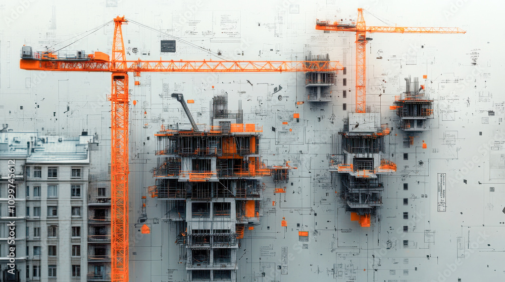 construction site with towering cranes, detailed blueprints scattered ...