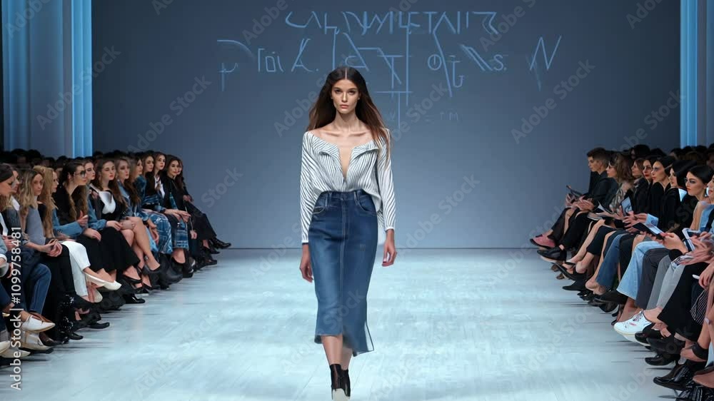 A fashion show video with models in denim outfits, using slow tracking ...
