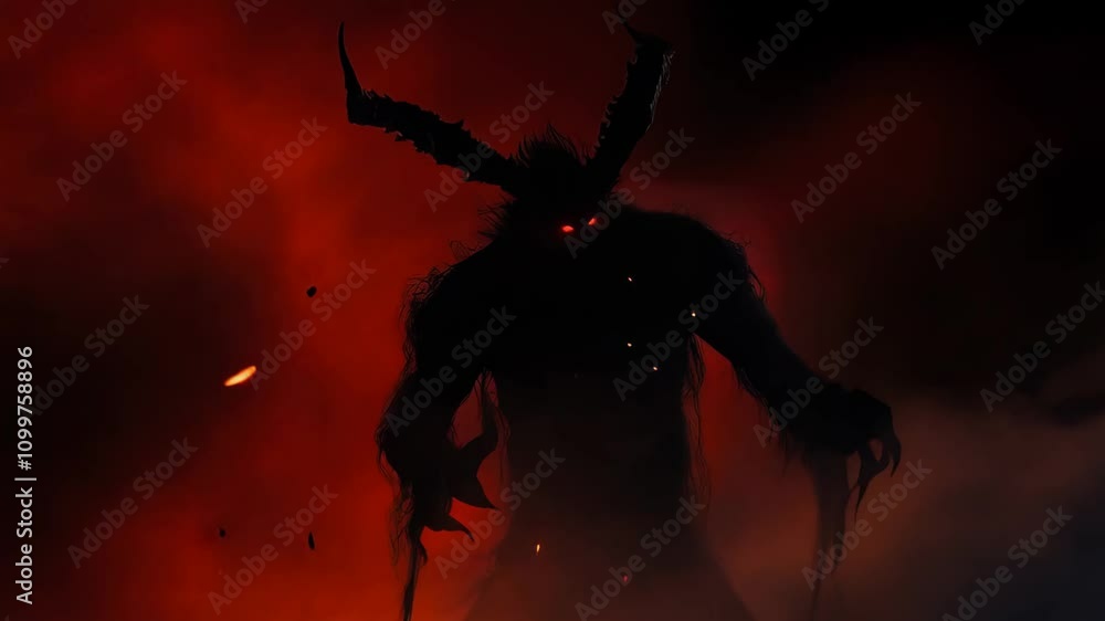 Krampus with goat horns against night dark background with fire and ...
