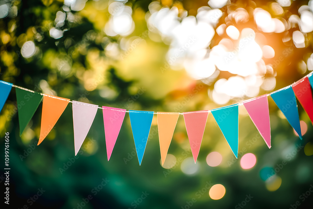 Banderole avec fanions colorés suspendue dans les arbre pour une fête ...