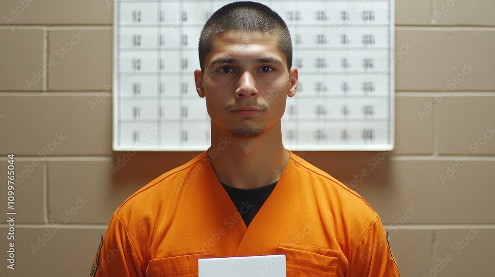 Male suspect in an orange prison jumpsuit poses for a mug shot, holding ...