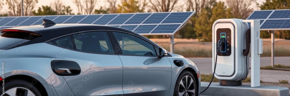 Hyper realistic photo of an electric car charging from a solar-powered ...