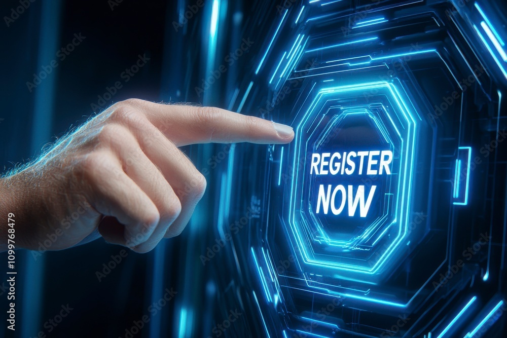 Register sign and signup conceptual. A hand pressing a glowing button ...