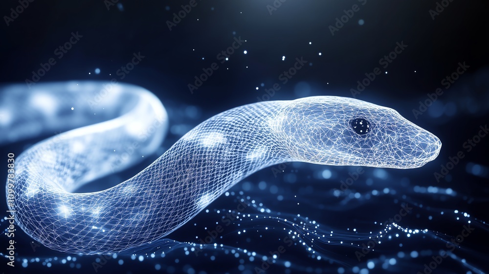 White Sea Snake in Low Poly Abstract Wireframe, Enhanced with Glowing ...