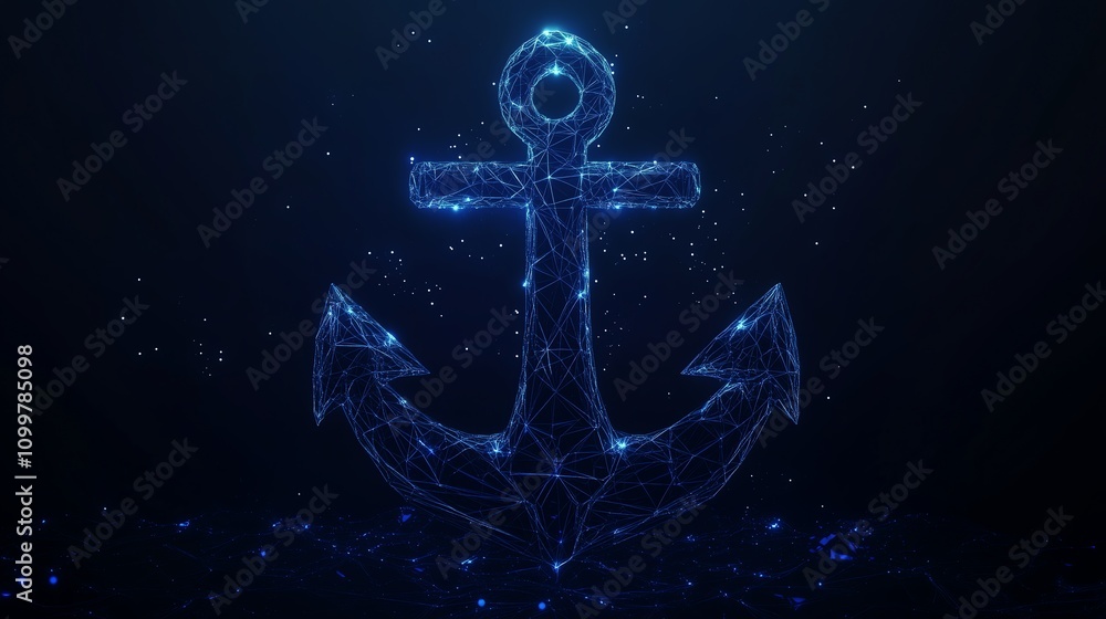 Abstract Anchor Logo with Low Poly Wireframe on a Dark Blue Background ...