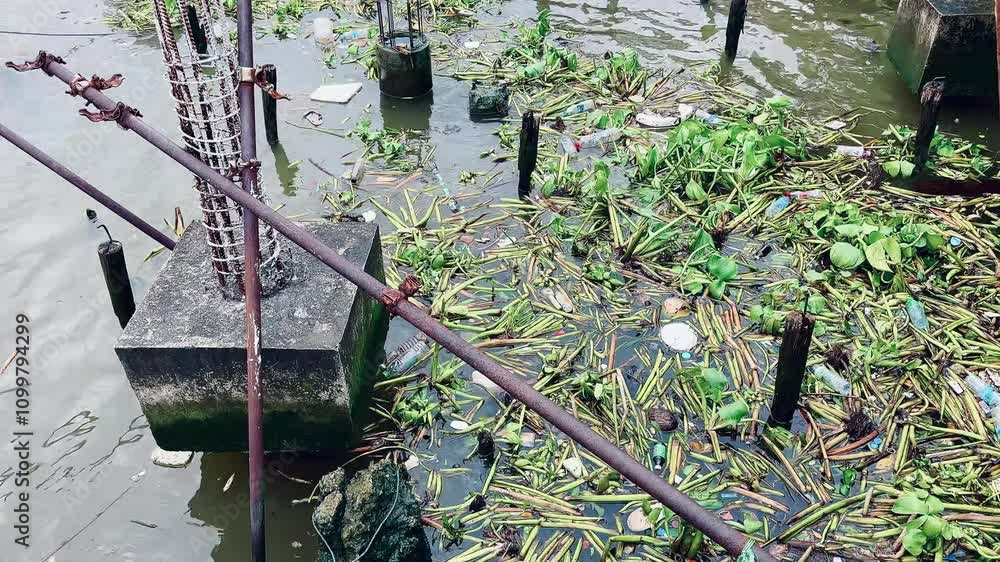 The contaminated water source, which is a river, is full of aquatic ...