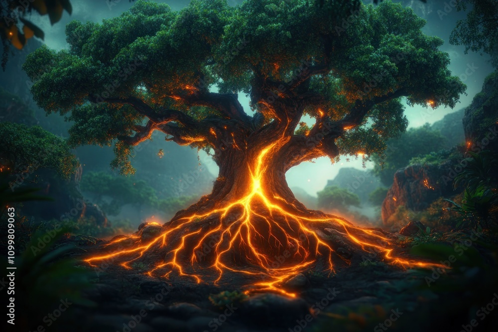 Discover the Hidden Paths An Ancient Tree with Glowing Roots Splitting ...