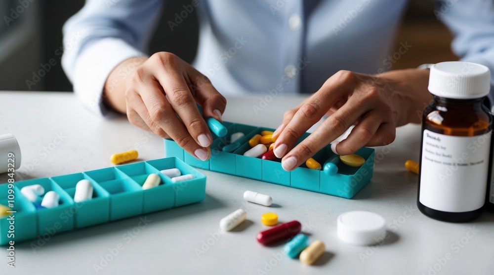 Organizing colorful pills and capsules in a weekly medication organizer ...