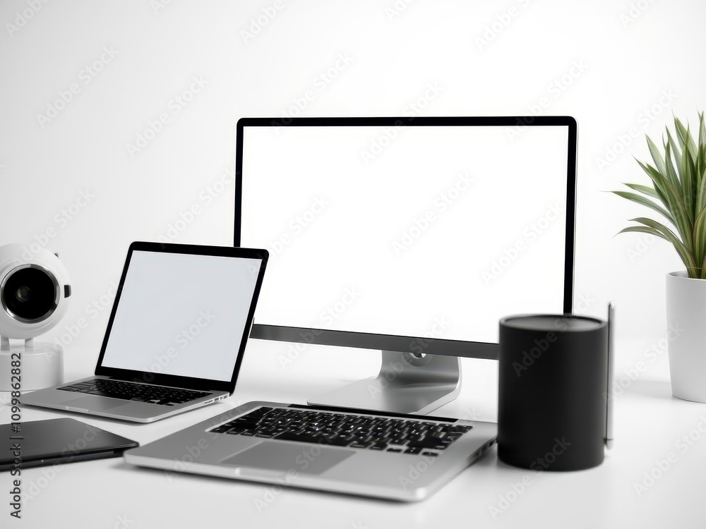 Laptop computer, desktop monitor screen device mockup template on white ...