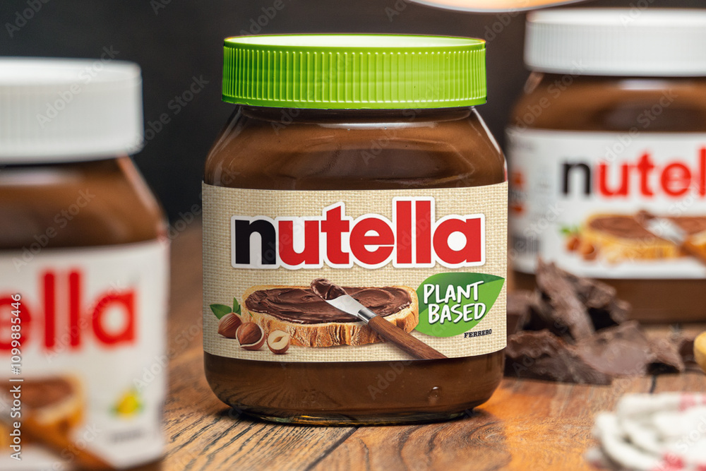 Pot of VEGAN plant based Nutella, the popular brand name of a sweetened ...