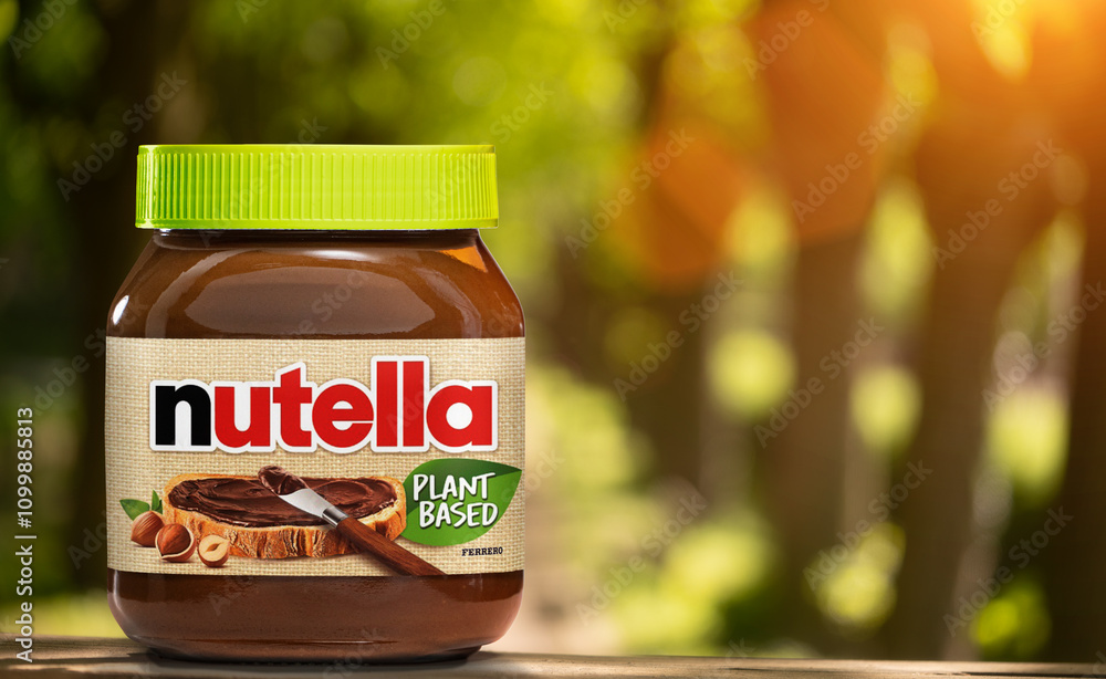 Pot of VEGAN plant based Nutella, the popular brand name of a sweetened ...