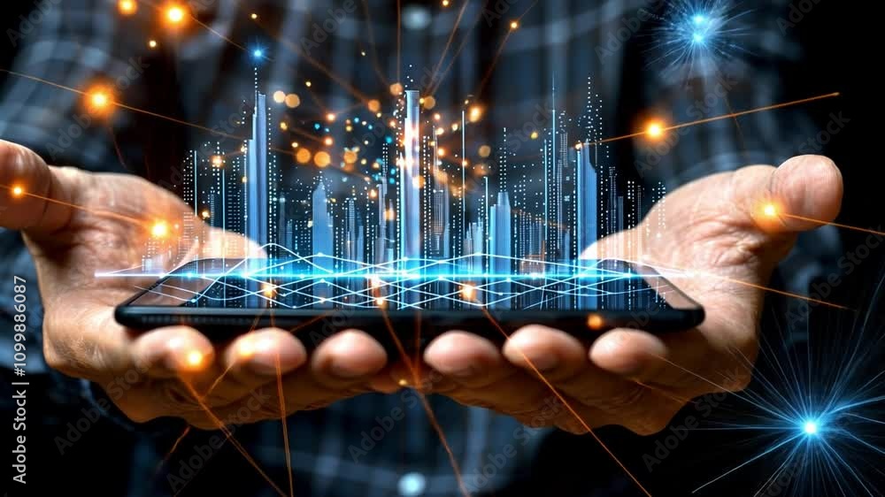A pair of hands supports a smartphone showcasing vibrant digital data ...