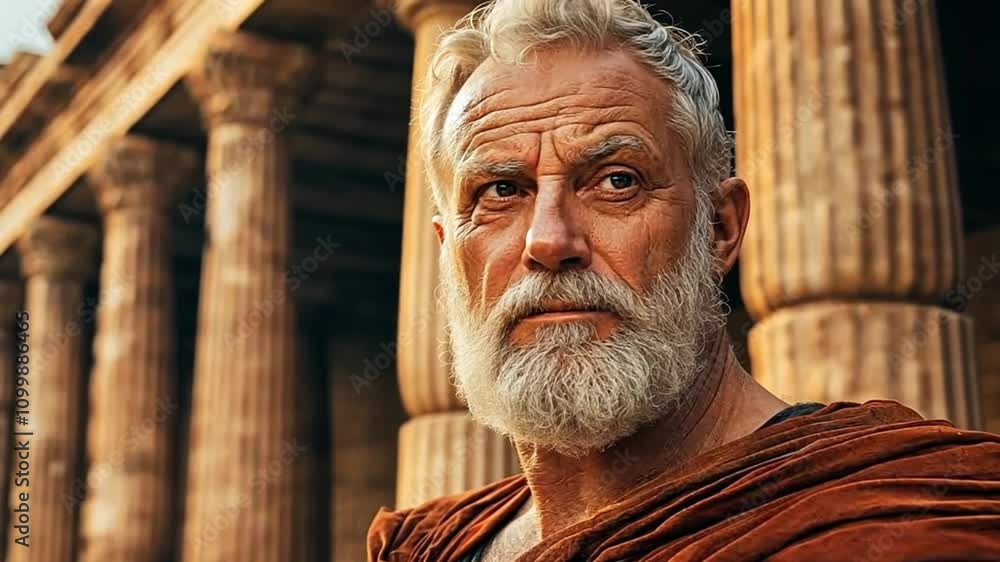 Bearded man in Roman attire standing against ancient stone columns ...