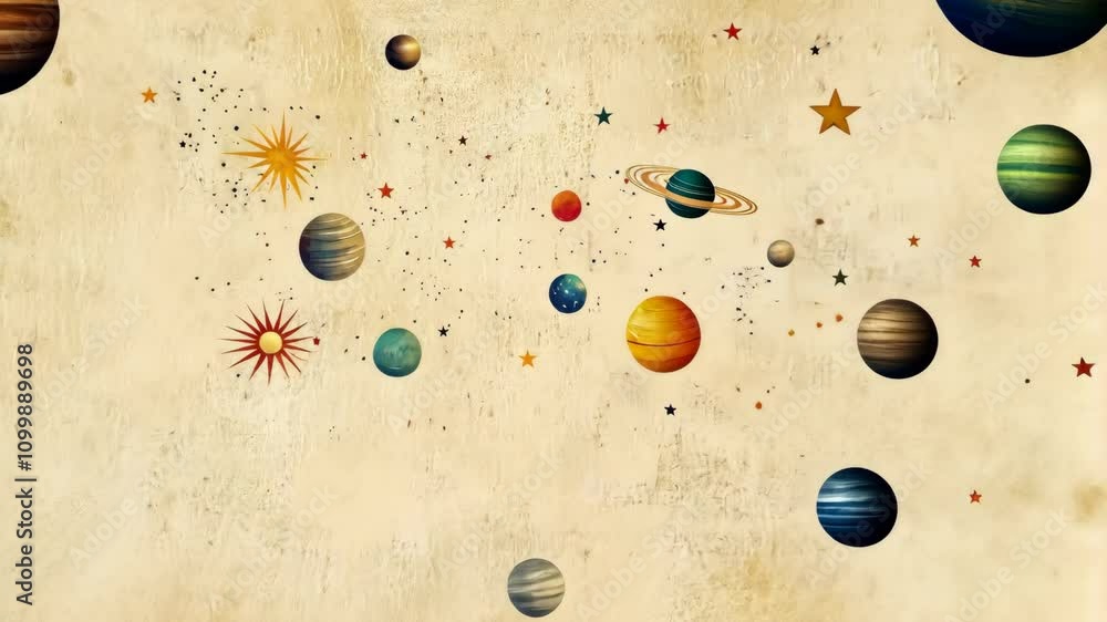 A solar system, with planets and stars on a beige paper background ...