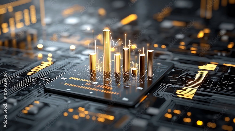 Sophisticated 3D data visualization with dynamic glowing stacked bar ...