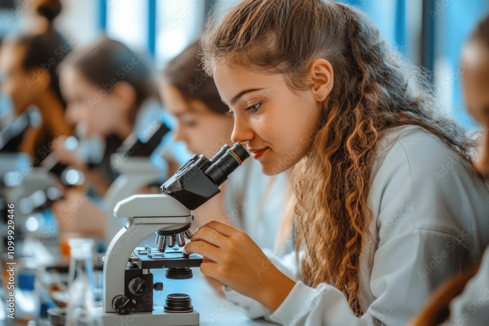 Group of college students performing experiment using microscope in science lab. University ...