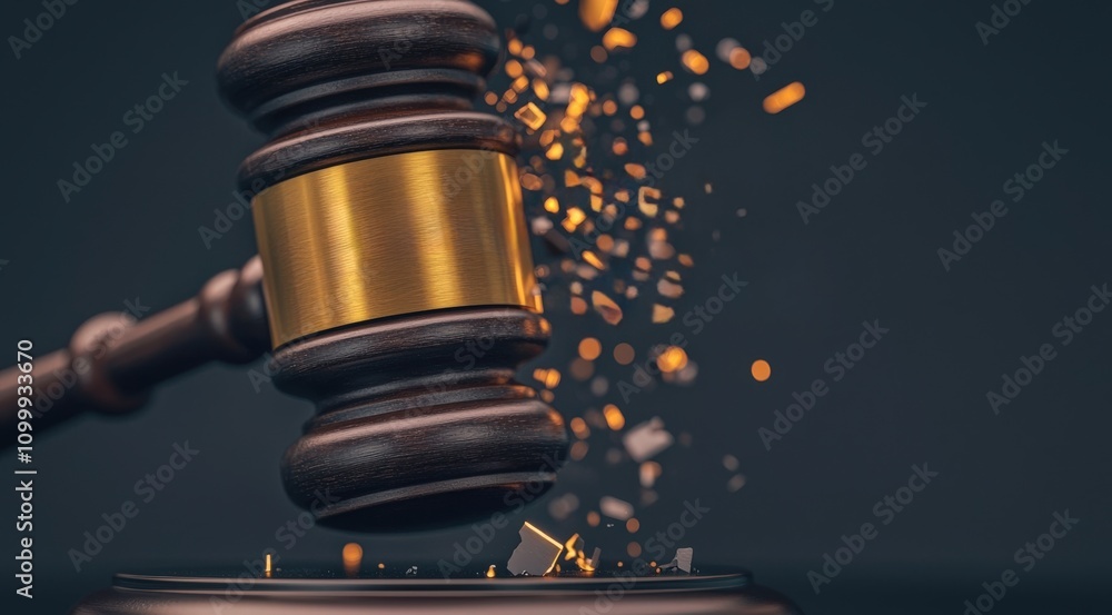 law restriction control concept. A gavel strikes a block, scattering ...