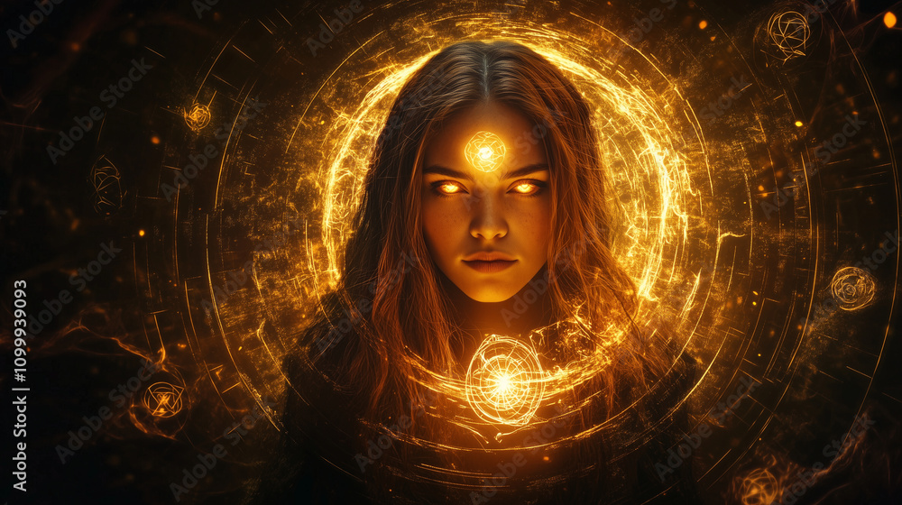 A symbolic Lilith surrounded by a circle of glowing sigils ...