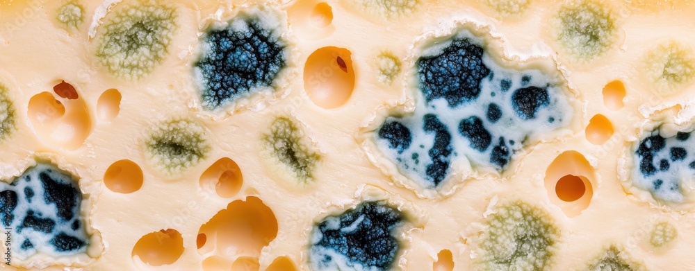 Detailed close-up of blue and green mold growing on a cheese surface ...
