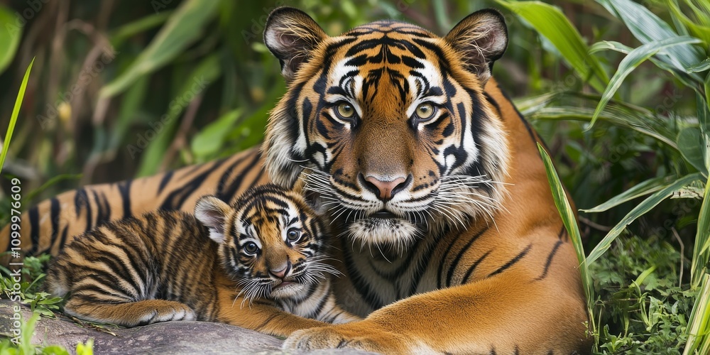 Sumatran tiger, panthera tigris sumatrae, shown here with her cub ...