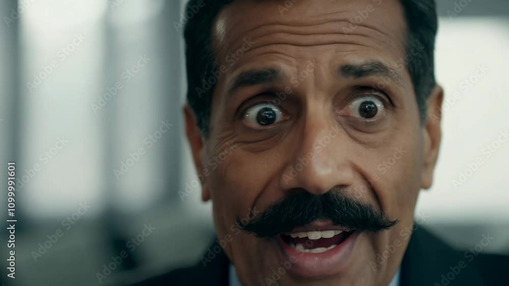 Close-up video of a surprised middle-aged hispanic man with a mustache ...