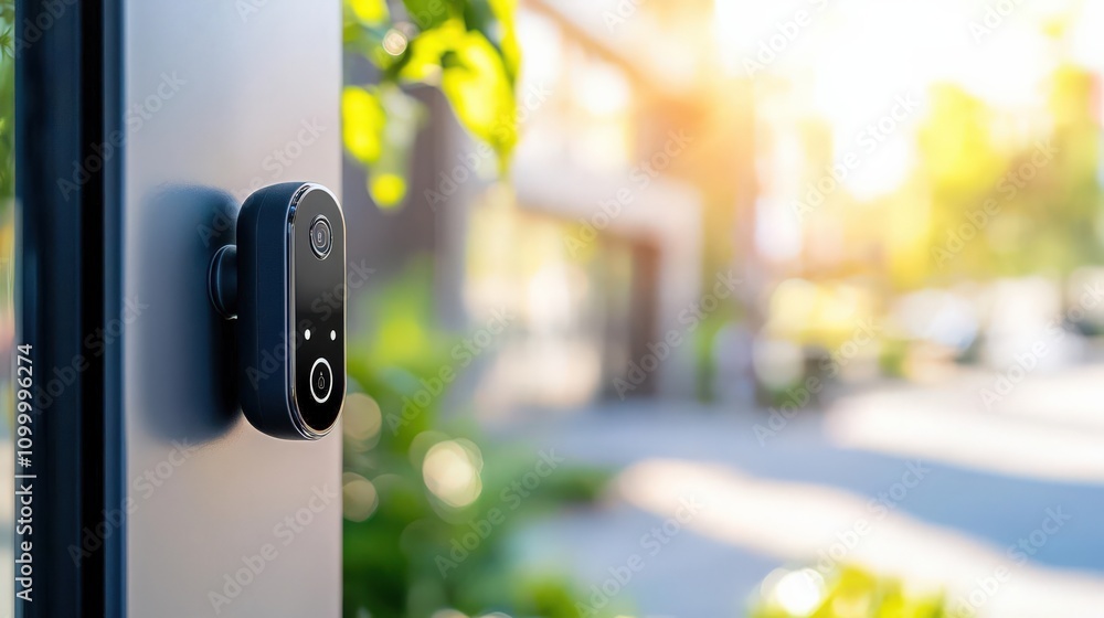 Smart doorbell with built-in camera capturing a visitor, sleek modern ...