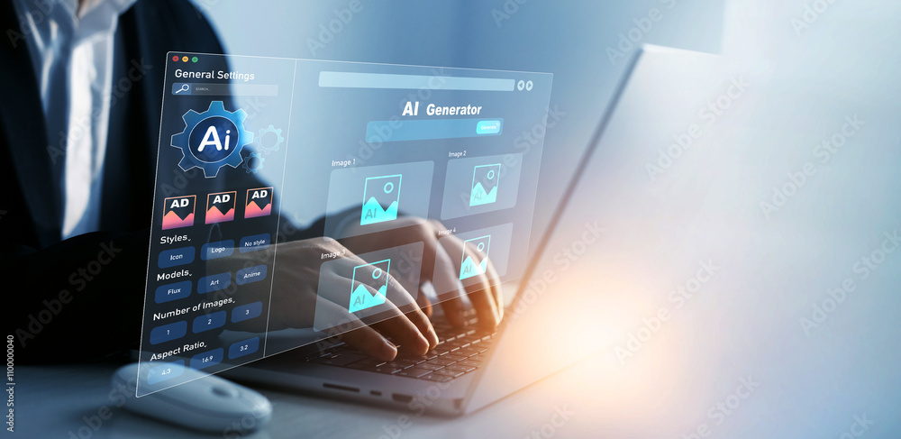 Person using AI software to generate images with futuristic platform ...