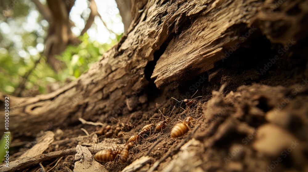 Termites swarming near decaying log in soil. Stock Photo | Adobe Stock
