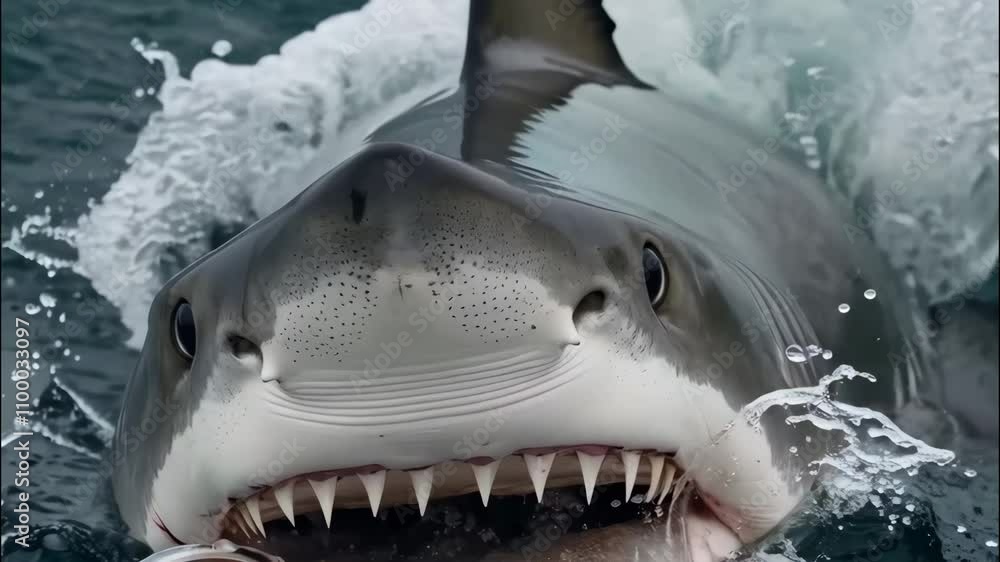 A great white shark's massive, terrifying mouth opens wide, revealing rows of razor-sharp teeth ...