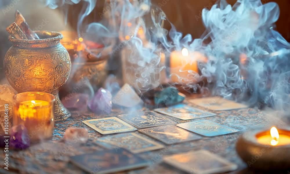 A table with candles, tarot cards, and crystals. The candles are lit ...