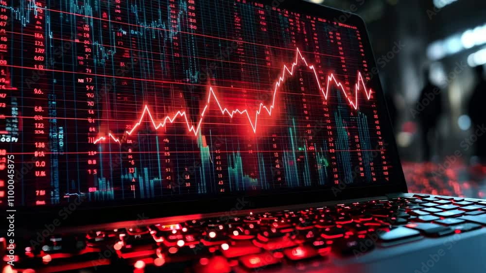 A laptop screen shows a graph with red lines and a red background. The ...