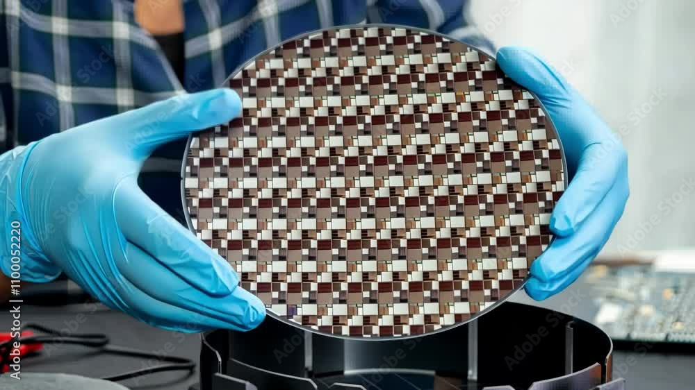 Factory worker holding silicon wafer in hand semiconductor industry ...