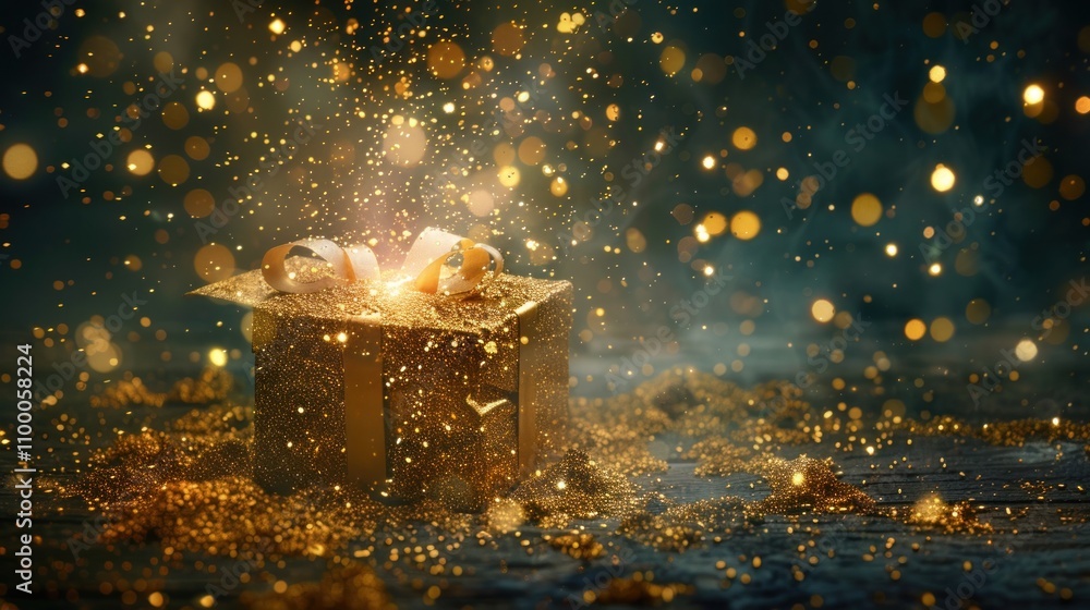 photograph of Open magical gift box with gold glitter and lights coming ...