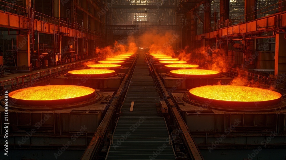 Molten metal flowing in industrial furnaces, showcasing the process of ...