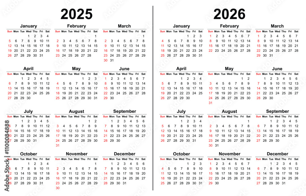 2025 and 2026 Calendar Template Vector Illustration Stock Vector ...