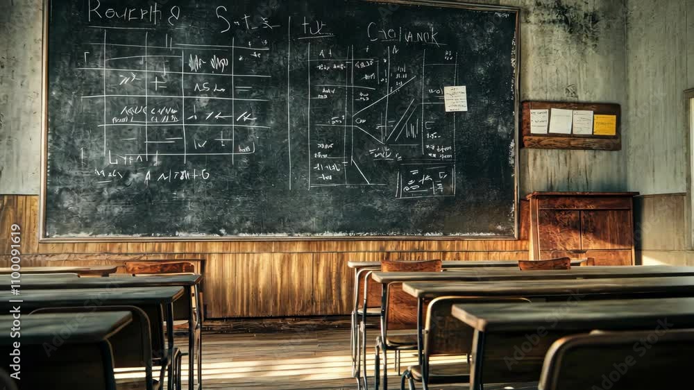An empty classroom setting is portrayed, with a prominent blackboard ...