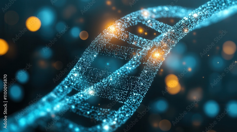 A glowing, digital representation of a DNA double helix intertwined ...