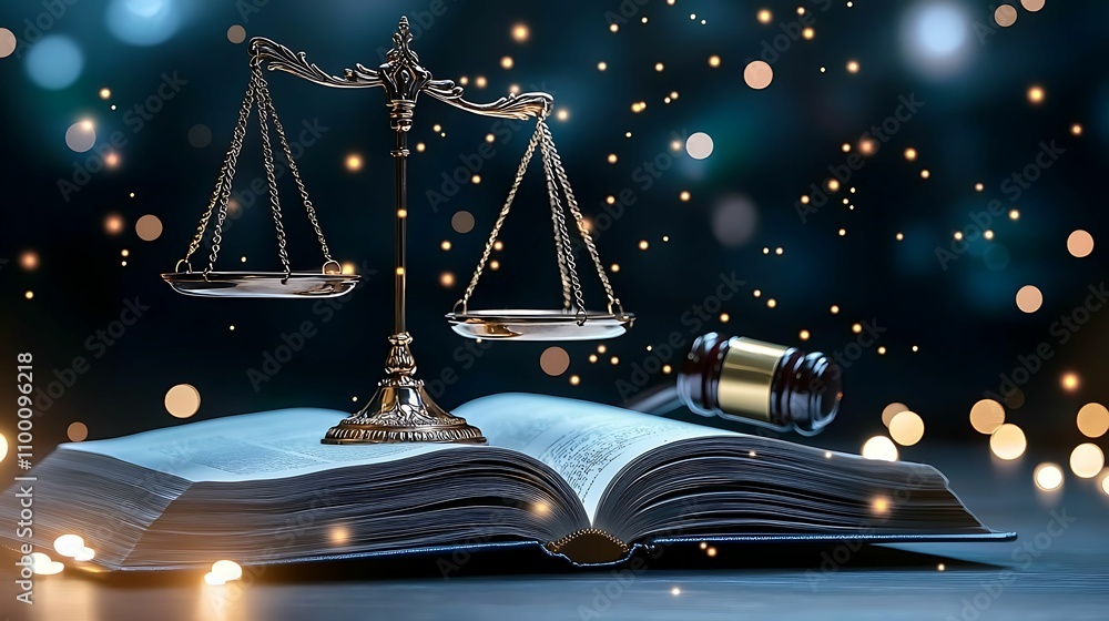 Law restriction review. A balanced scale and gavel above an open law ...