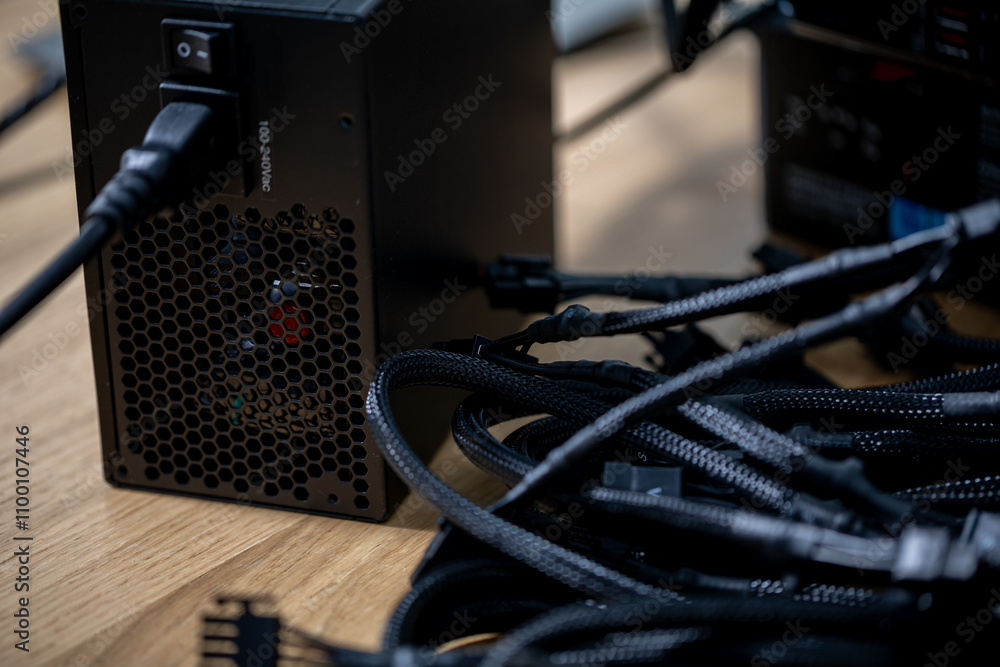 Detailed CloseUp View of a Power Supply Unit Featuring Cables in a ...